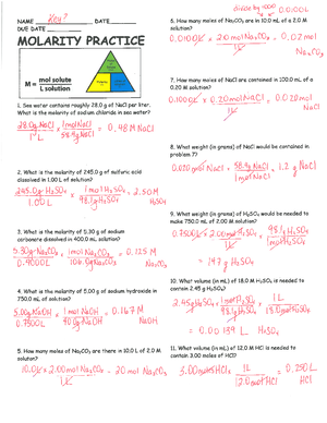 Molarity and dilution worksheets 1 - Molarity Problems Worksheet M = n ...