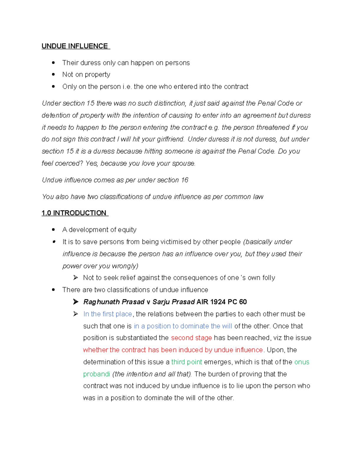 03 Undue Influence - UNDUE INFLUENCE Their duress only can happen on ...