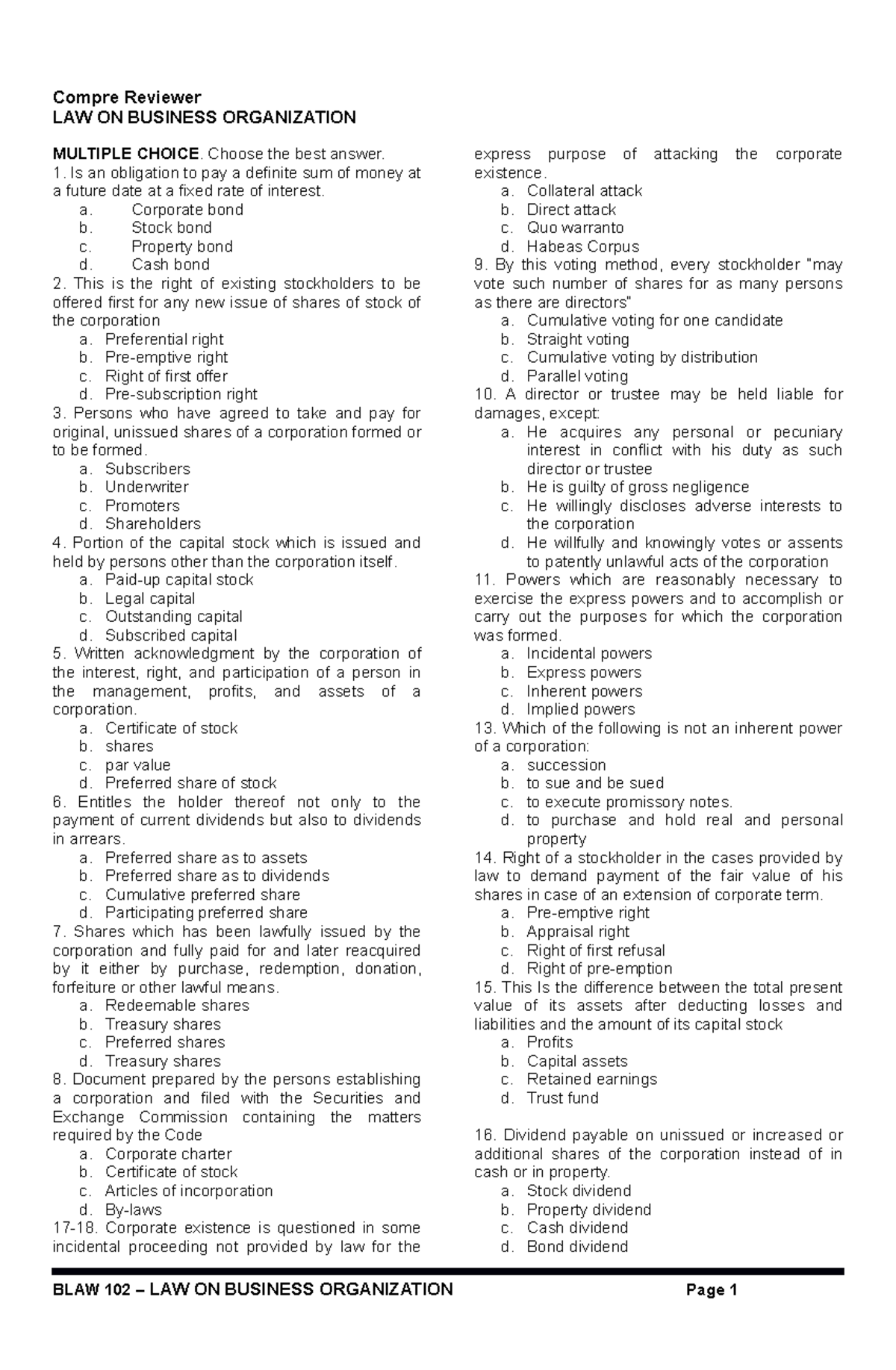 Business Law - Compre Reviewer LAW ON BUSINESS ORGANIZATION MULTIPLE ...