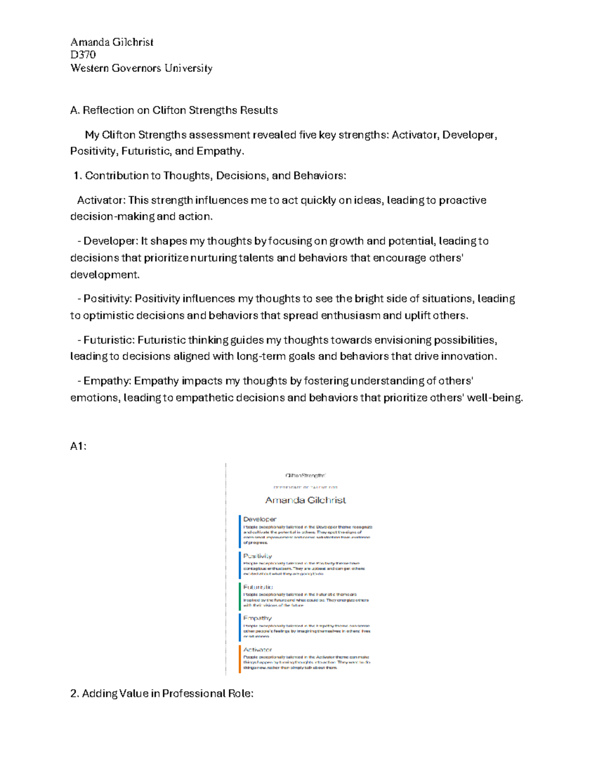 Task 1 Clifton strength - smart goal - Amanda Gilchrist D Western ...