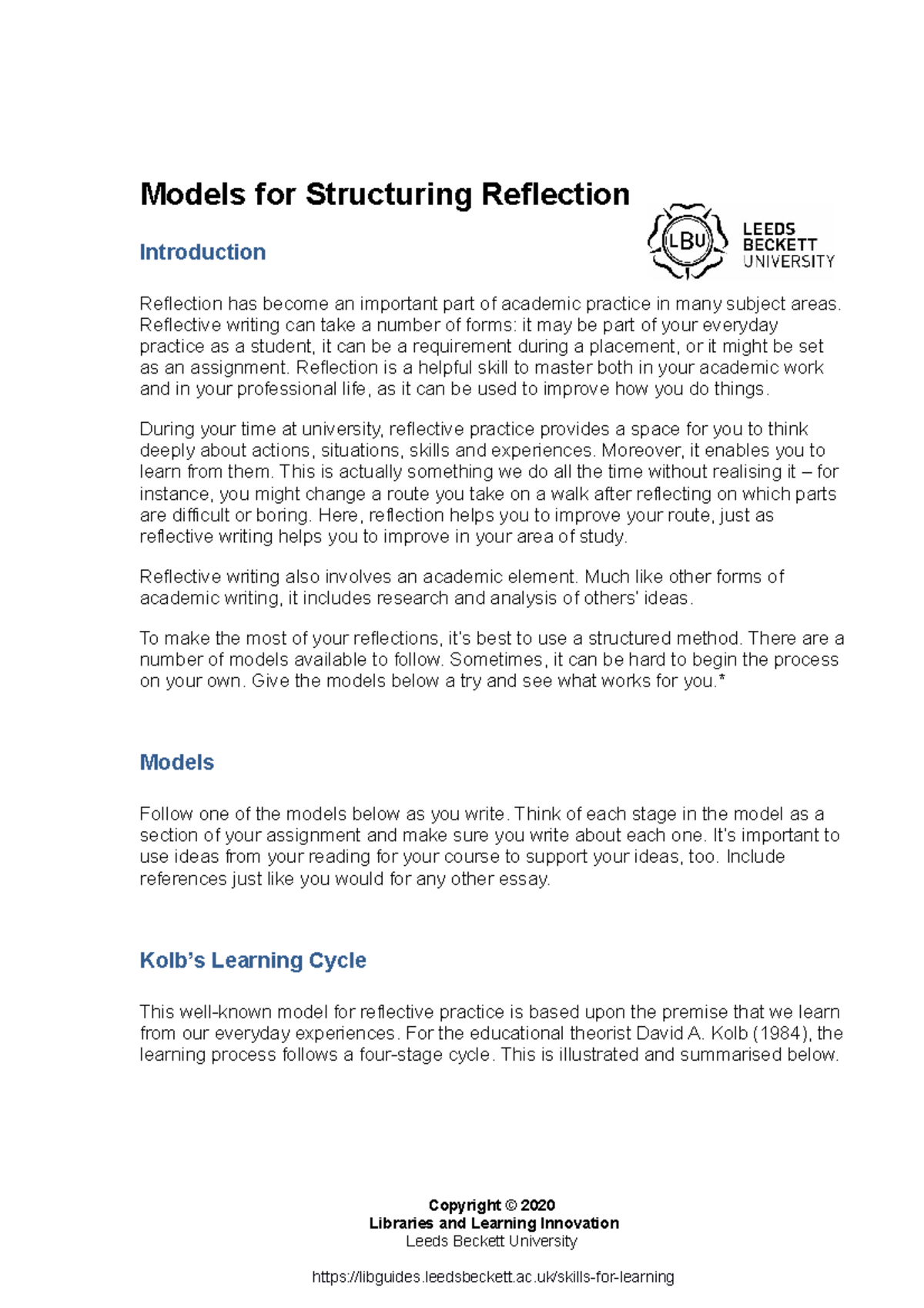 Reflective Writing Models - Models for Structuring Reflection ...