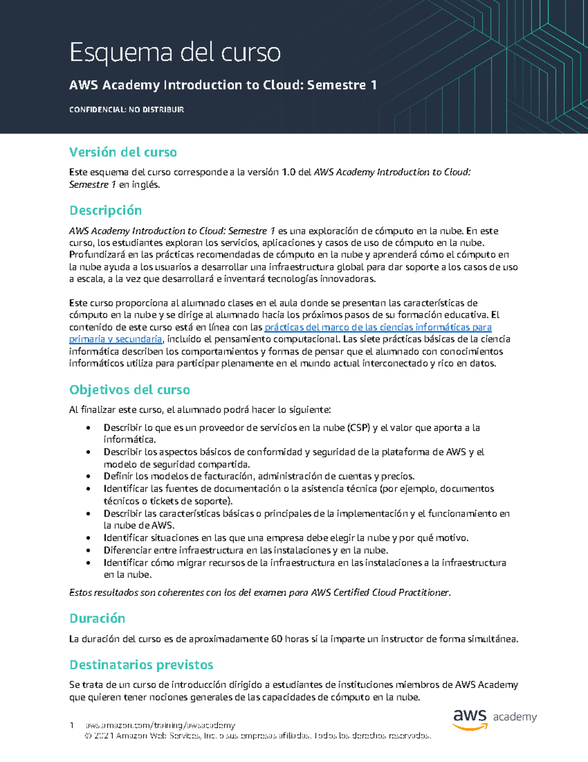 AWS Academy Introduction to Cloud- Semester 1 Course Outline [Spanish ...