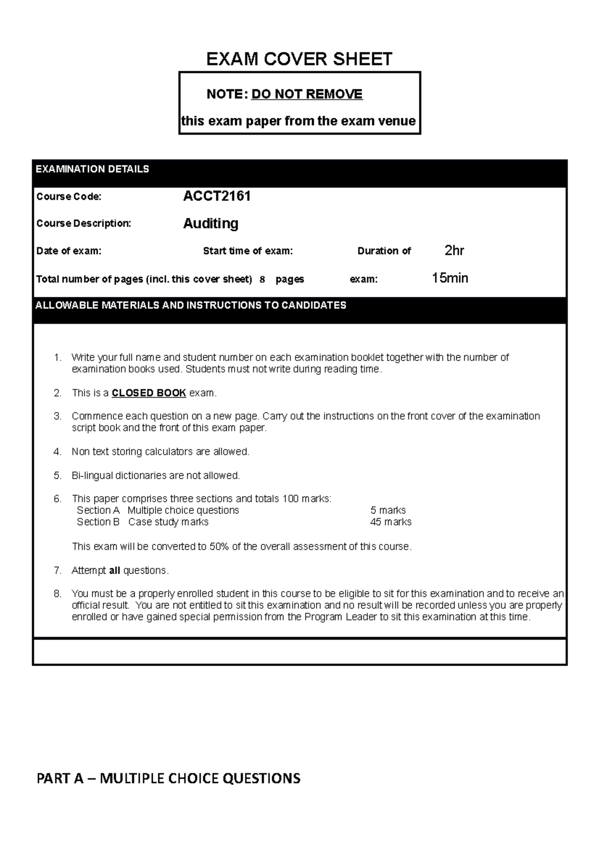 Exam 19 May, questions and answers - EXAM COVER SHEET NOTE: DO NOT ...