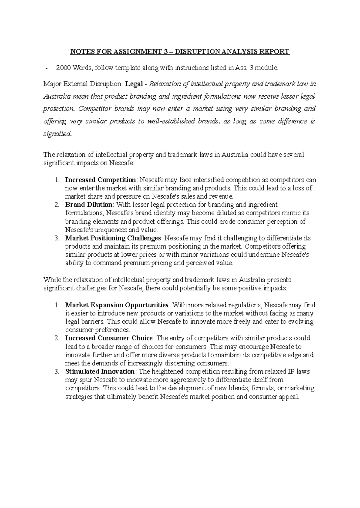 Ass. 3 Notes - NOTES FOR ASSIGNMENT 3 – DISRUPTION ANALYSIS REPORT 2000 ...