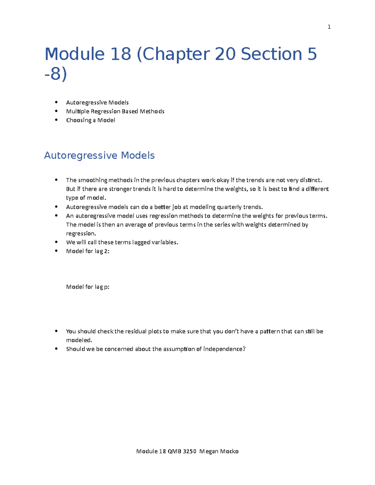 Module 18 Notes - Module 18 (Chapter 20 Section 5 -8) Autoregressive ...