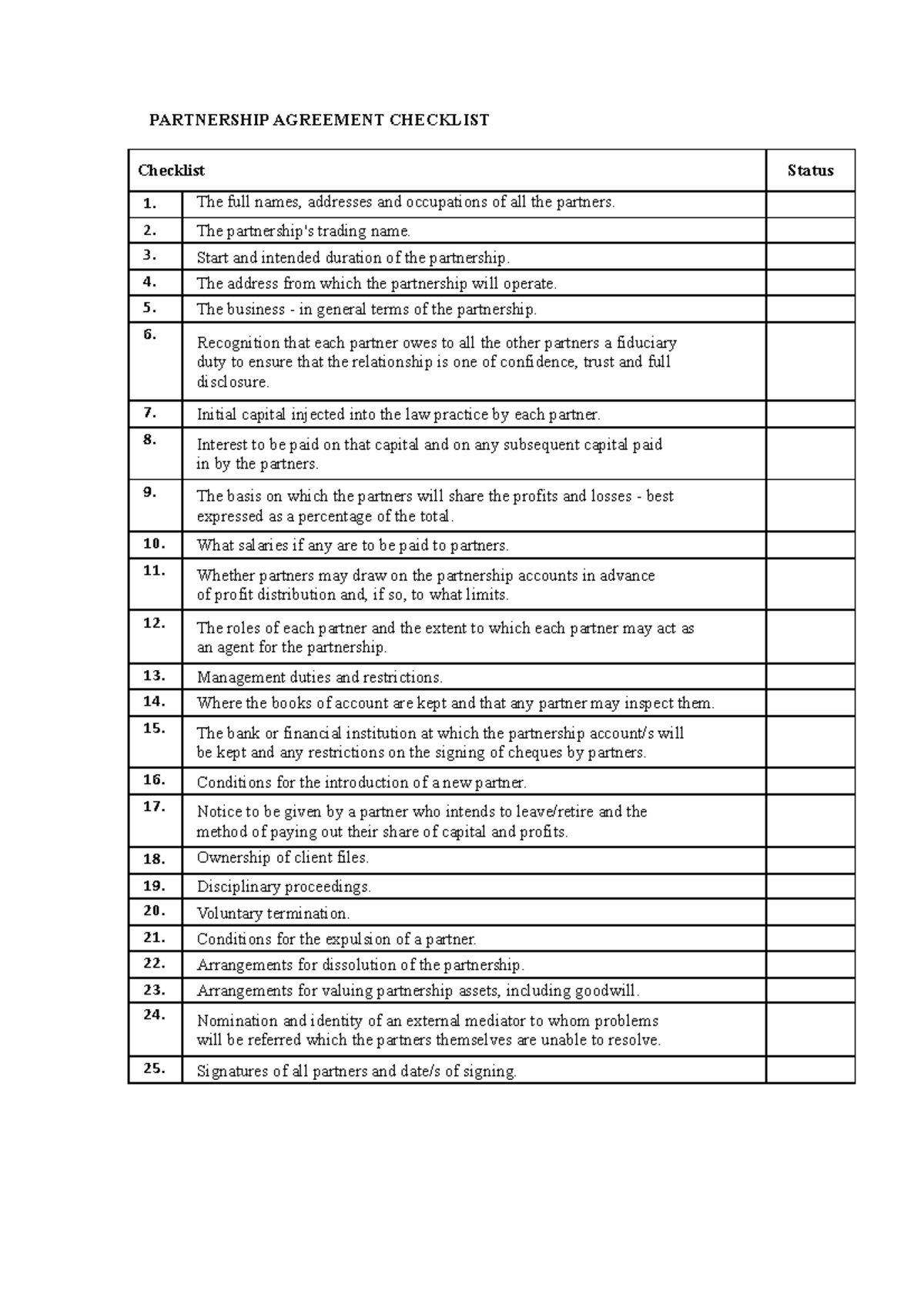 Partnership Agreement Checklist - PARTNERSHIP AGREEMENT CHECKLIST ...