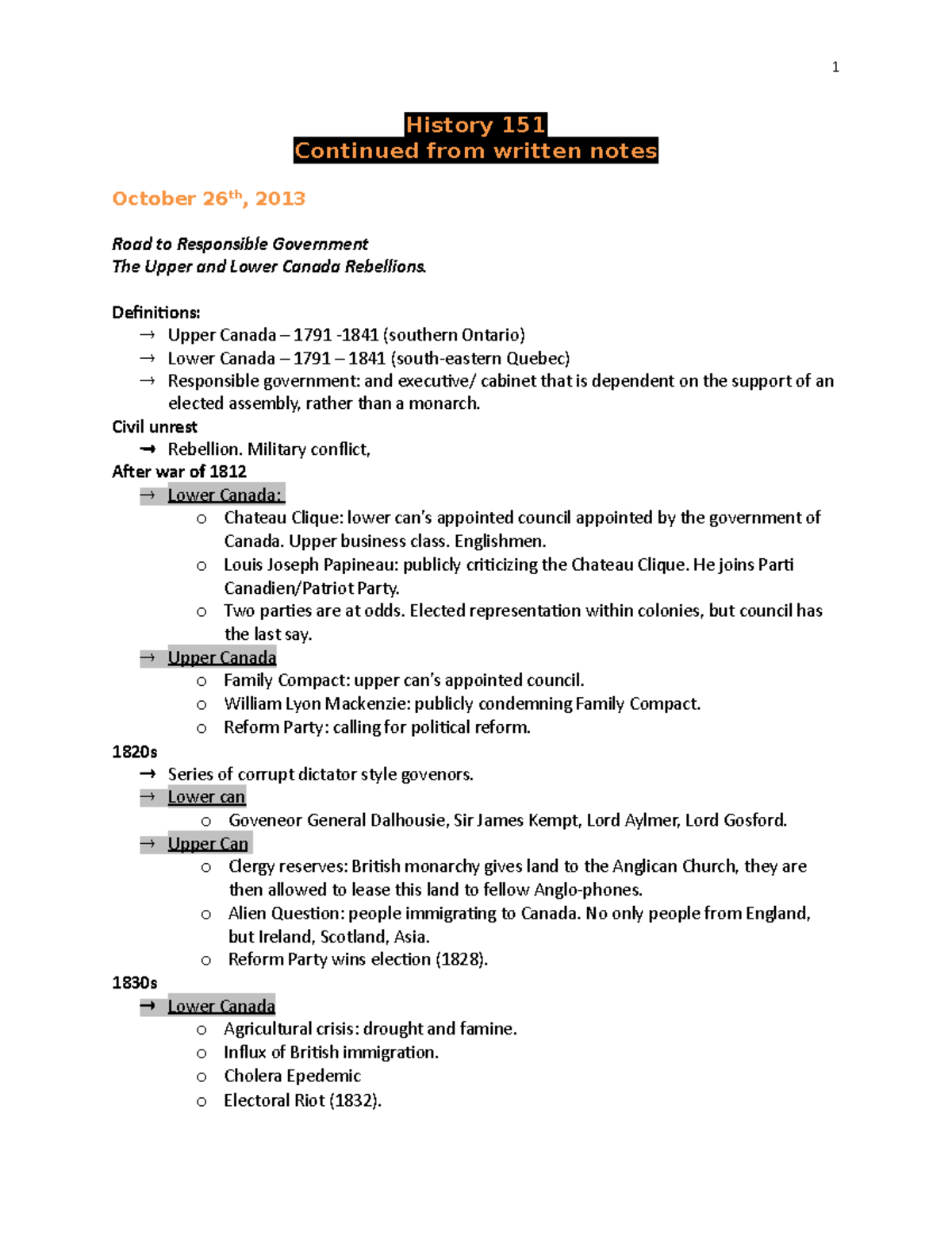 Lecture Notes, Lecture 10+, History - 1 History 151 Continued from ...