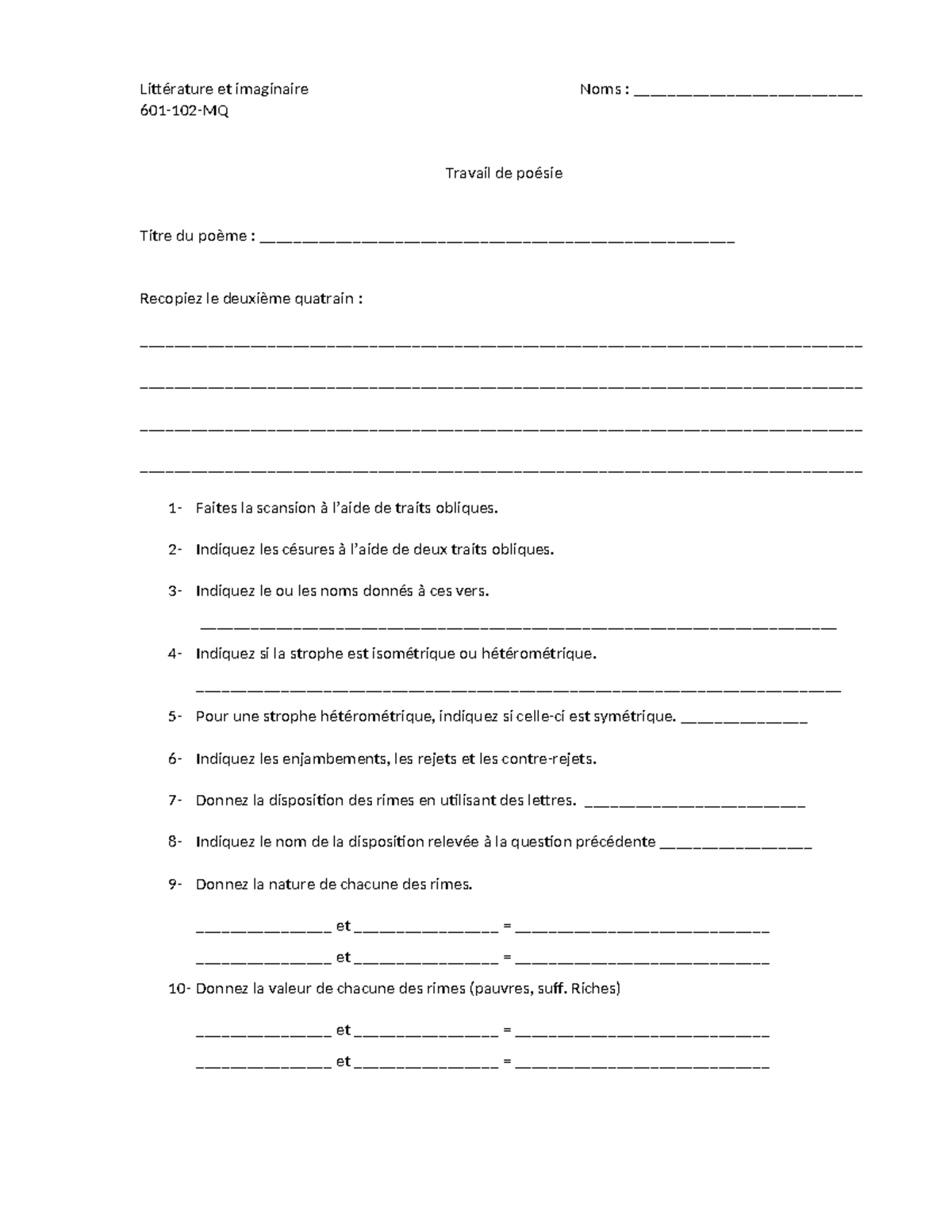 Devoir poésie symboliste - Littérature et imaginaire Noms ...