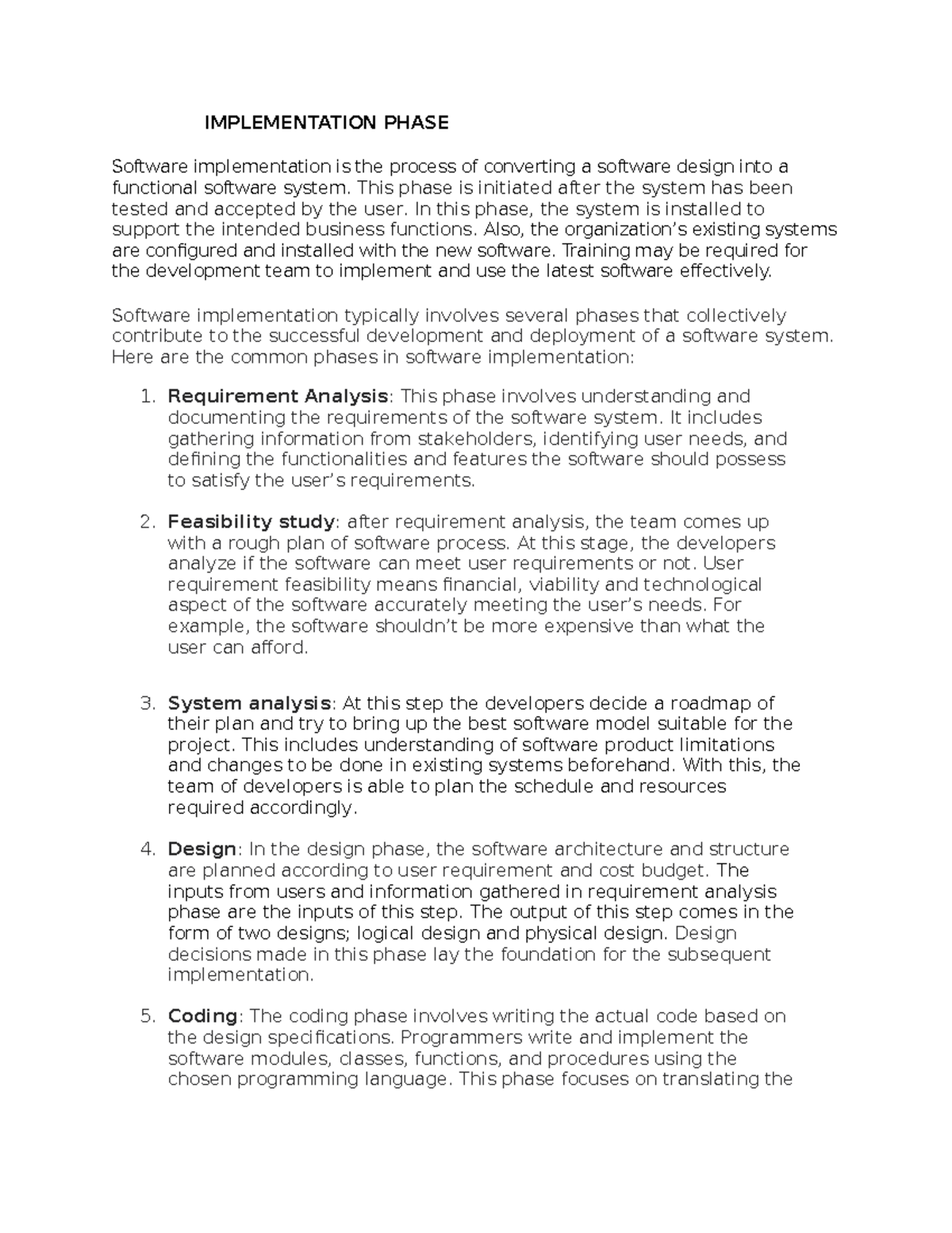 Implementation Phase of SE - IMPLEMENTATION PHASE Software ...