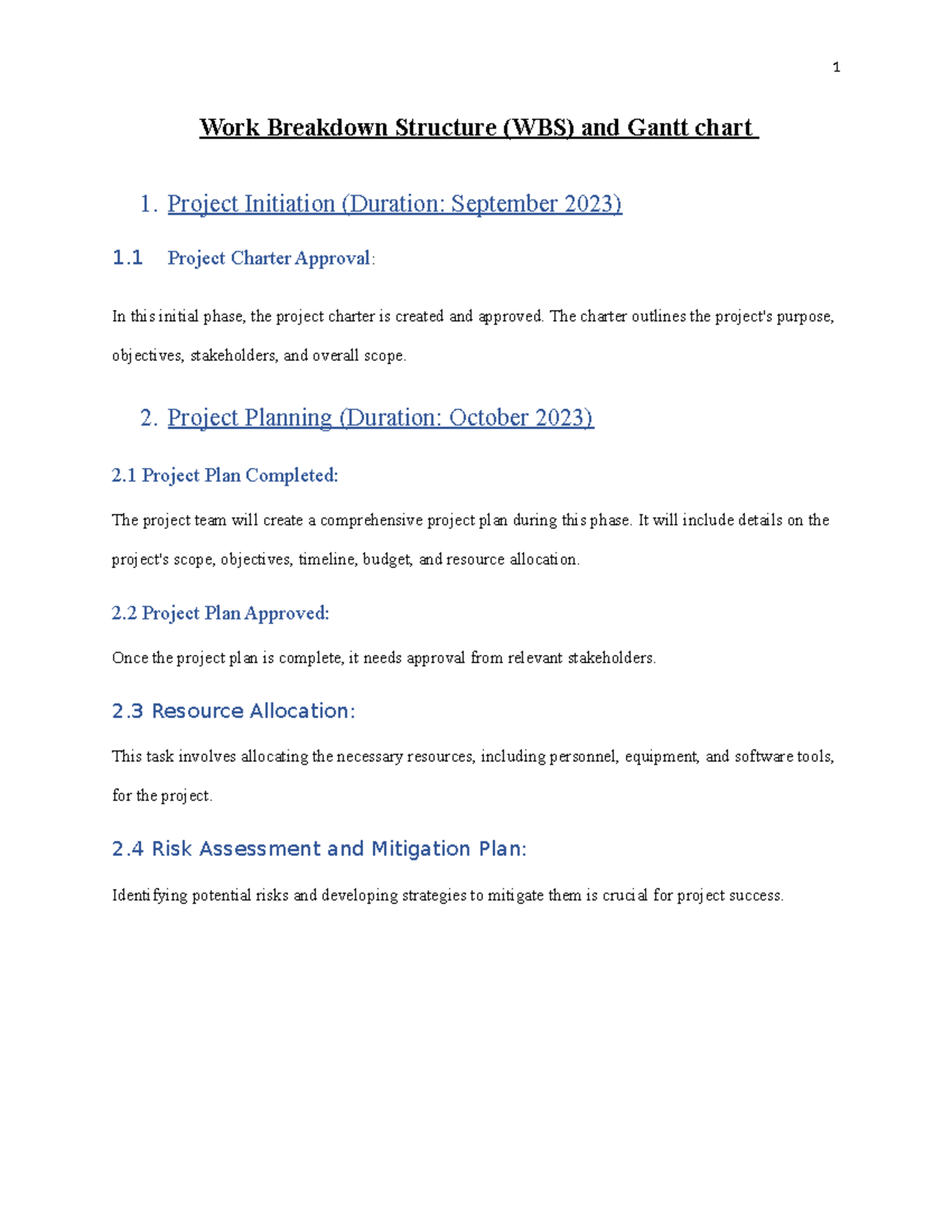 Wbs - lecturer notes - Work Breakdown Structure (WBS) and Gantt chart 1 ...