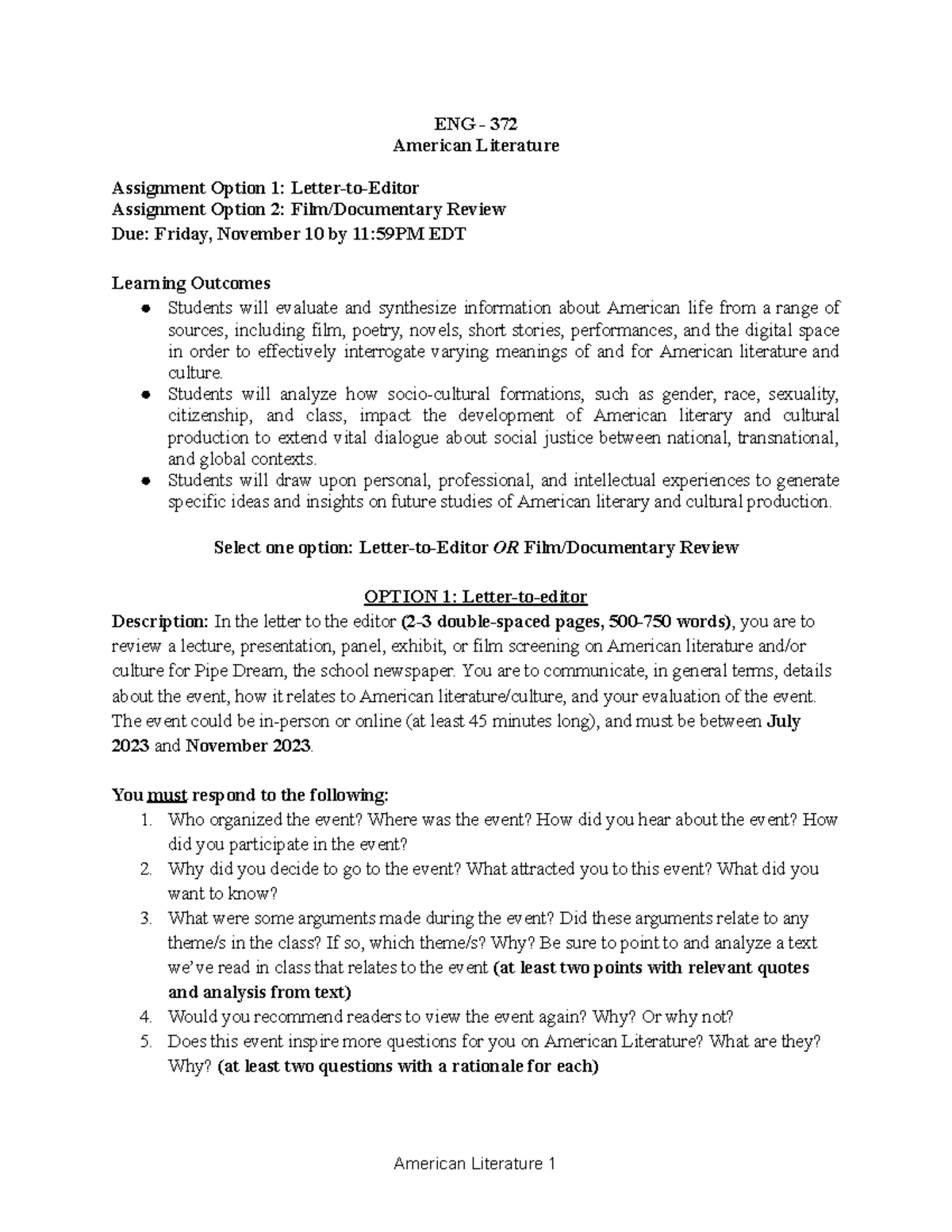 Letter to Editor OR Film Documentary Review - ENG - 372 American ...