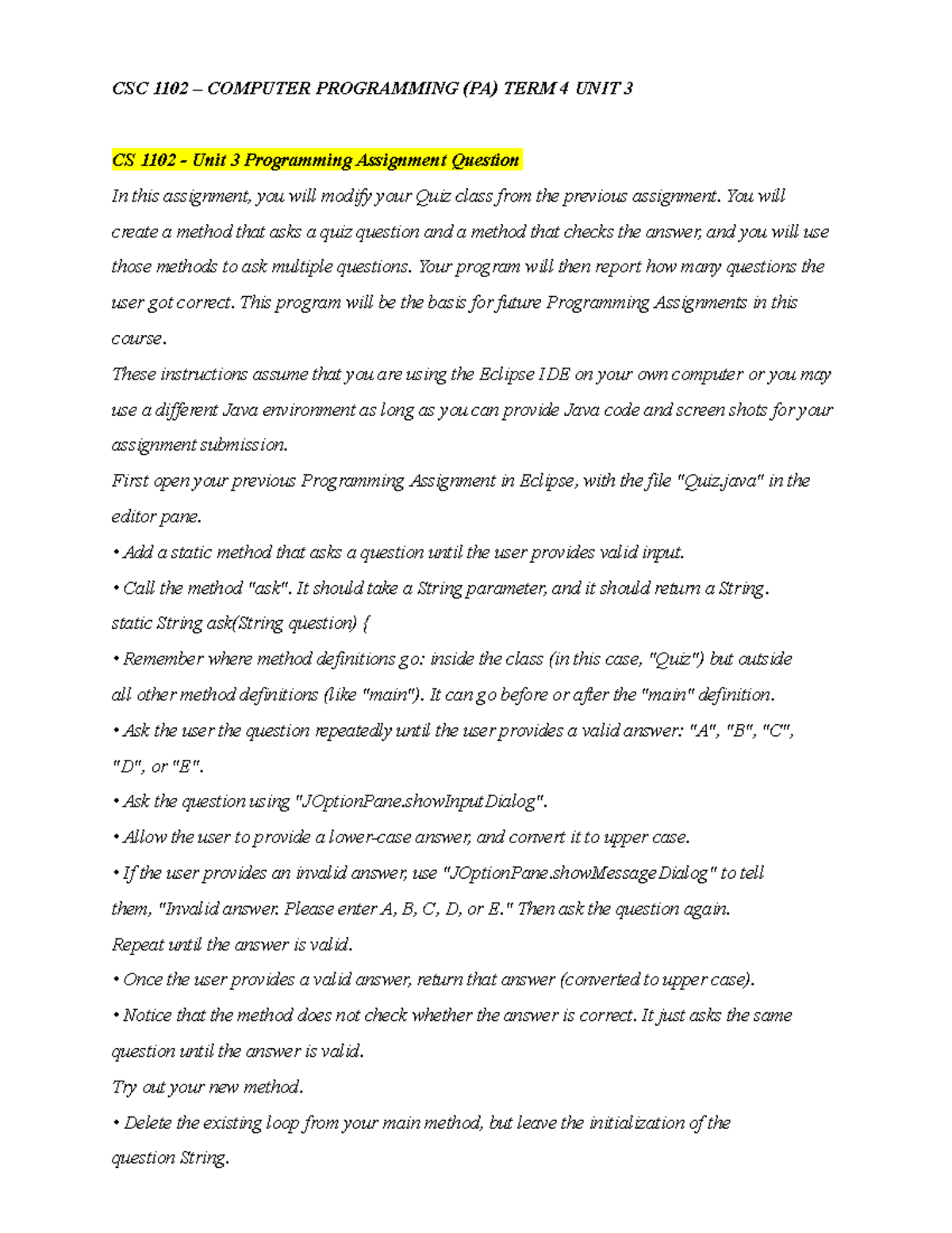 Csc 1102 â Programming Assignment Pa Term 4 Unit 3 Csc 1102