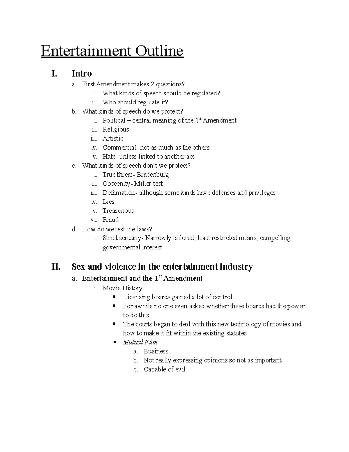 Entertainment Outline - Intro a. First Amendment makes 2 questions? i ...