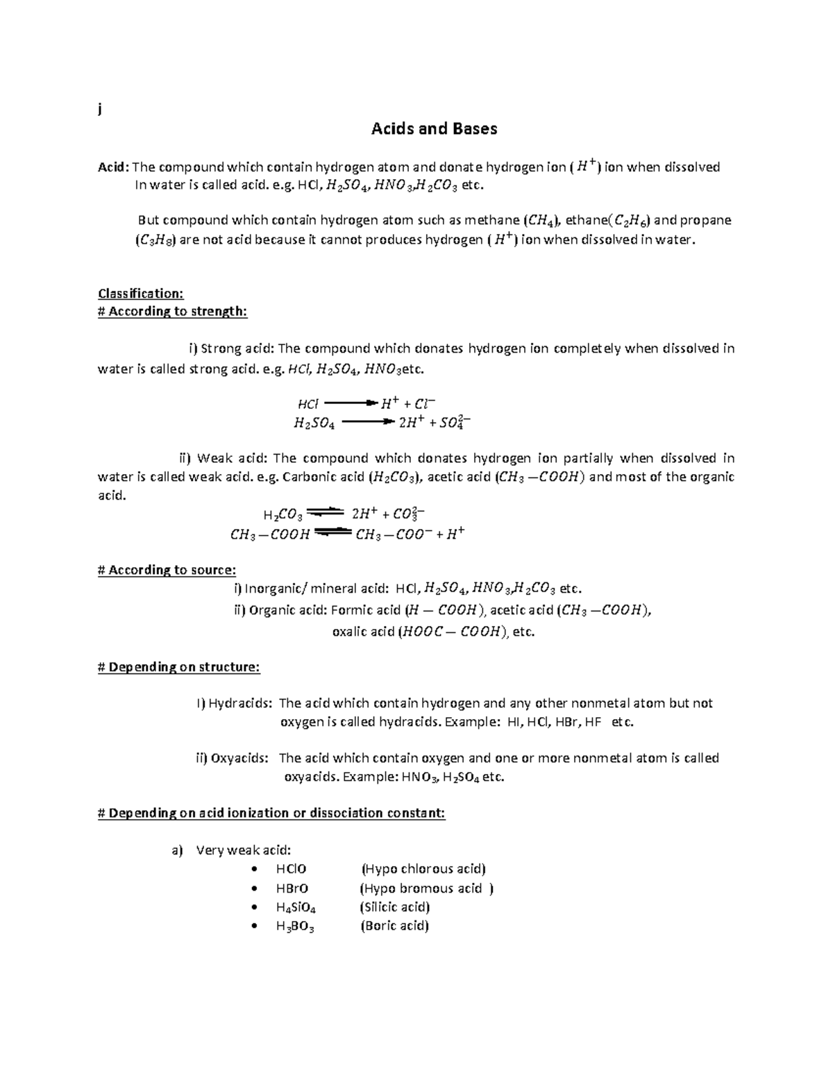 Acids-Bases - class notes - j Acids and Bases Acid: The compound which ...