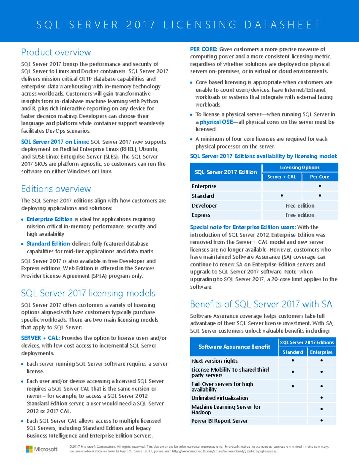 SQL Server 2017 Licensing Datasheet - S Q L S E R V E R 2 0 1 7 L I C E N S I N G D ATA S H E E ...