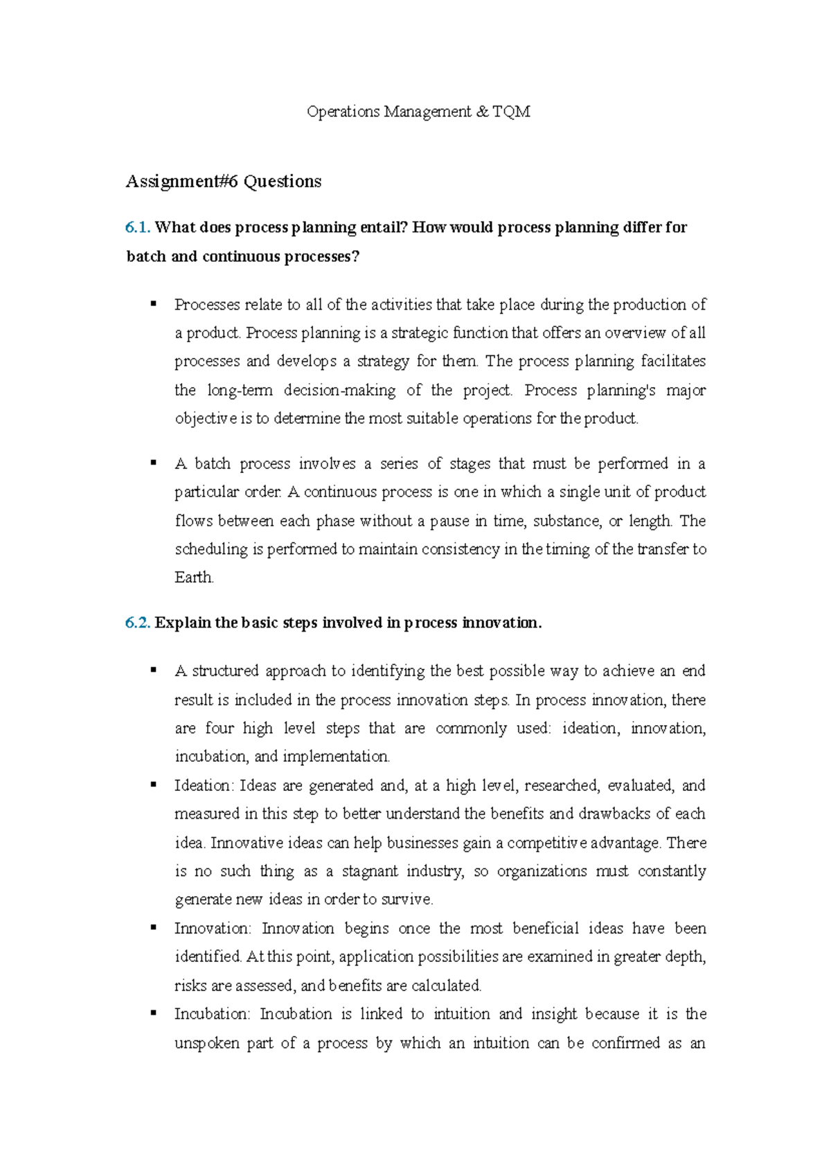 Assignment 6 - Operations Management and TQM - Operations Management ...