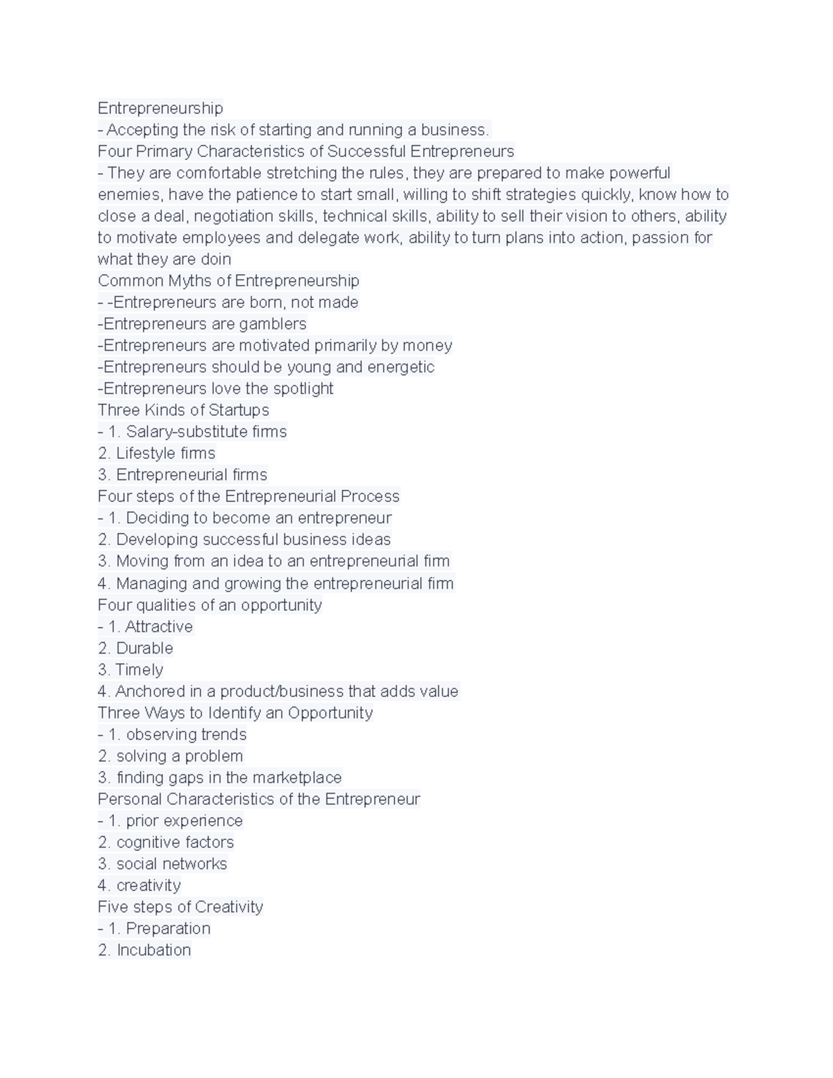 EEE Midterm Study Guide - Entrepreneurship Accepting the risk of ...