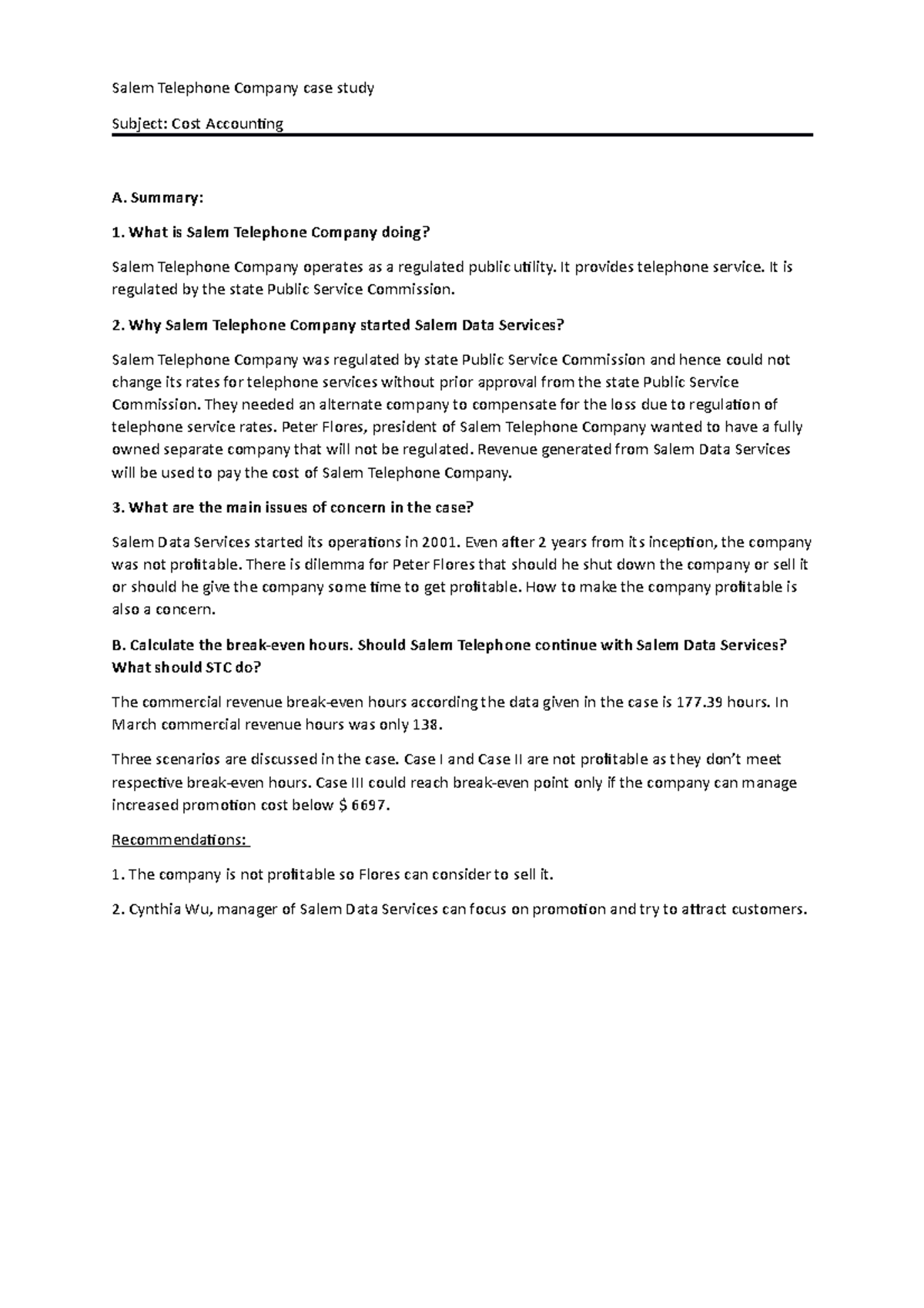 Salem Telephone Company case study Answers - Salem Telephone Company ...