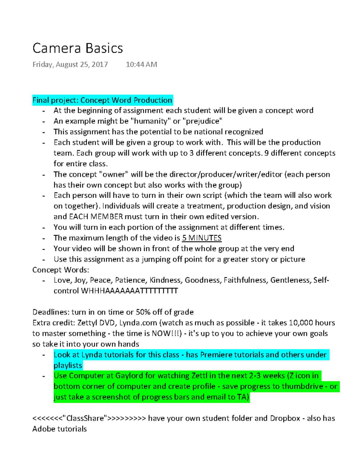 Camera Basics - Lecture notes 1 - Camera Basics Friday, August 25, 2017 ...