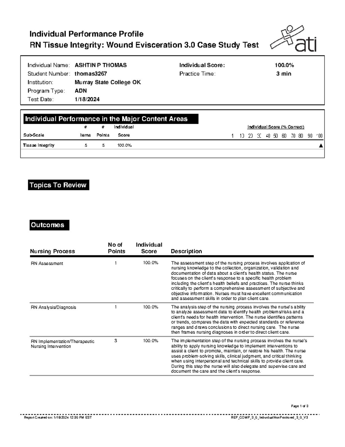 ATI wound - ATI - Individual Performance Profile RN Tissue Integrity ...