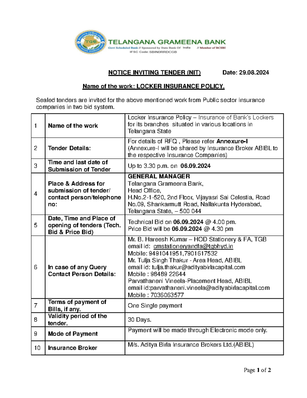 Locker TGB - ... - Page 1 of 2 NOTICE INVITING TENDER (NIT) Date: 29 ...