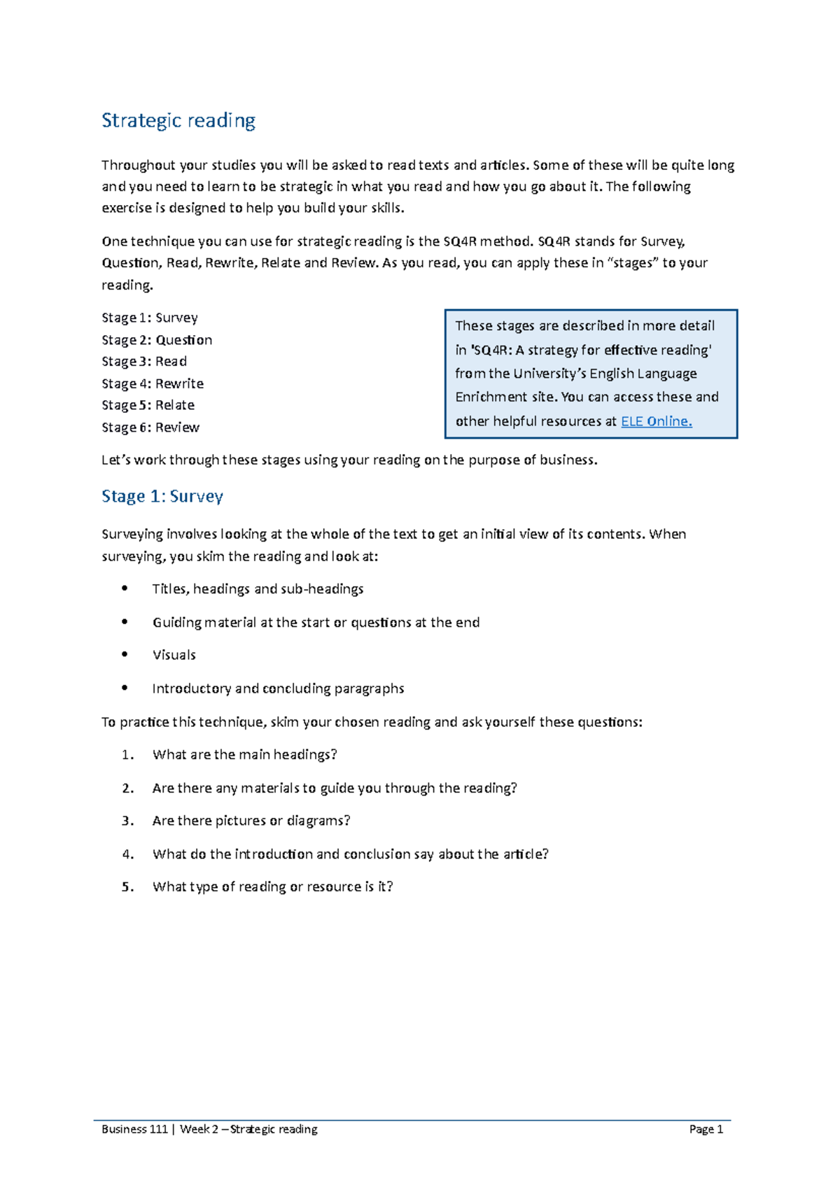 Week 2 Exercise Strategic Reading - Strategic reading Throughout your ...