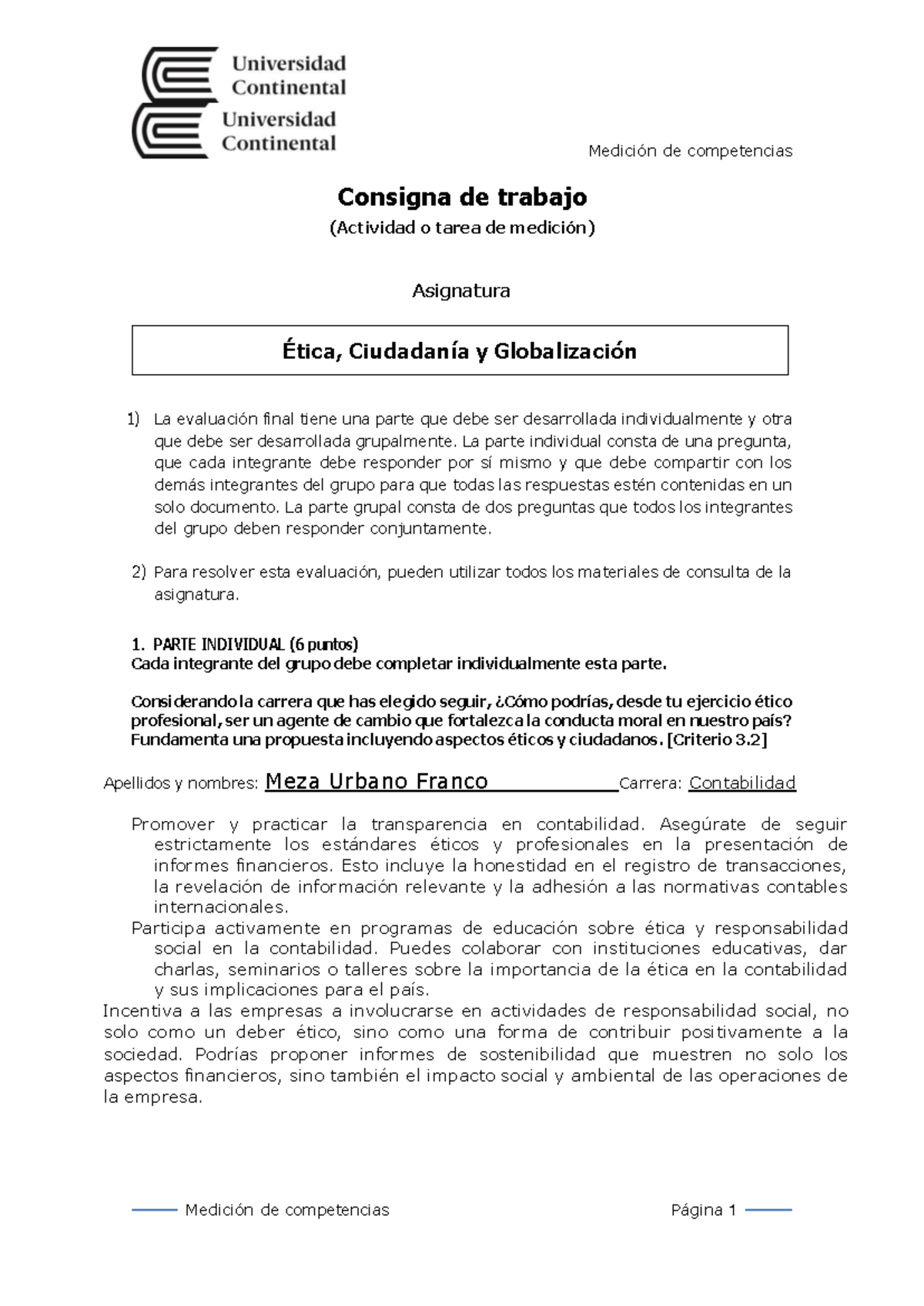 Actividad de medición - Práctica de etica - ####### Medición de competencias Consigna de trabajo ...