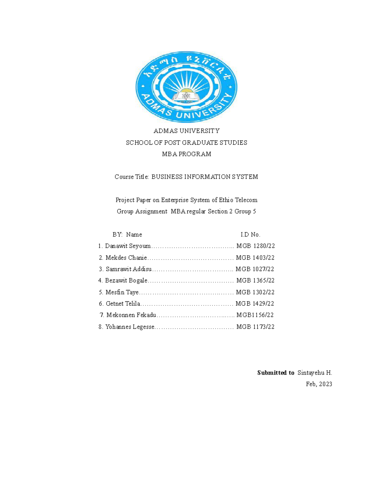 Project Paper on ERP - assignment - ADMAS UNIVERSITY SCHOOL OF POST ...