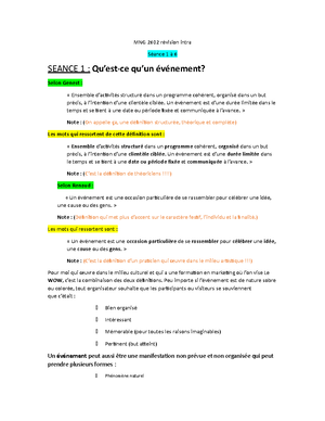 Gestion d'un événement - Notes - Séance 1: Qu’est-ce qu’un évent? Les ...