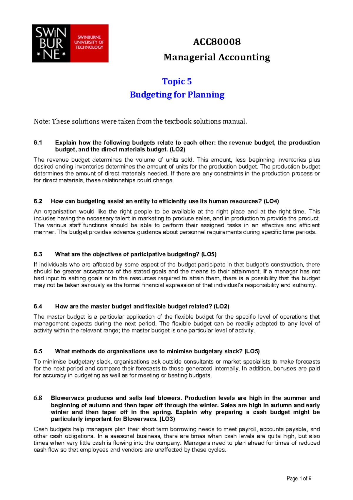5 - tutorial - ACC 80008 Managerial Accounting Topic Budgeting for ...