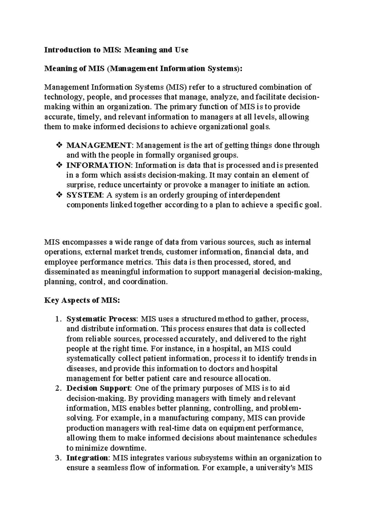 Notes 1docx - HGFHG - Introduction to MIS: Meaning and Use Meaning of ...