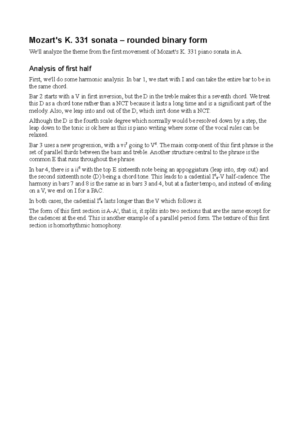 Mozart Sonata, K 331, i - Mozart's K. 331 sonata – rounded binary form ...