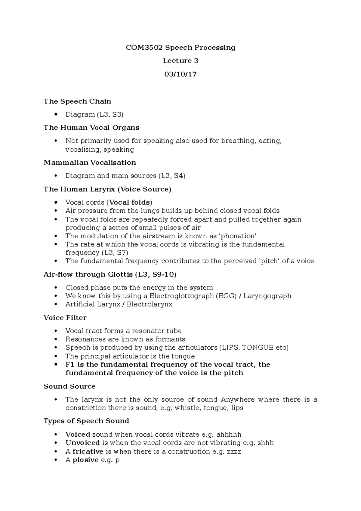 Lecture 3 Speech Processing COM3502 Speech Processing Lecture 3 03
