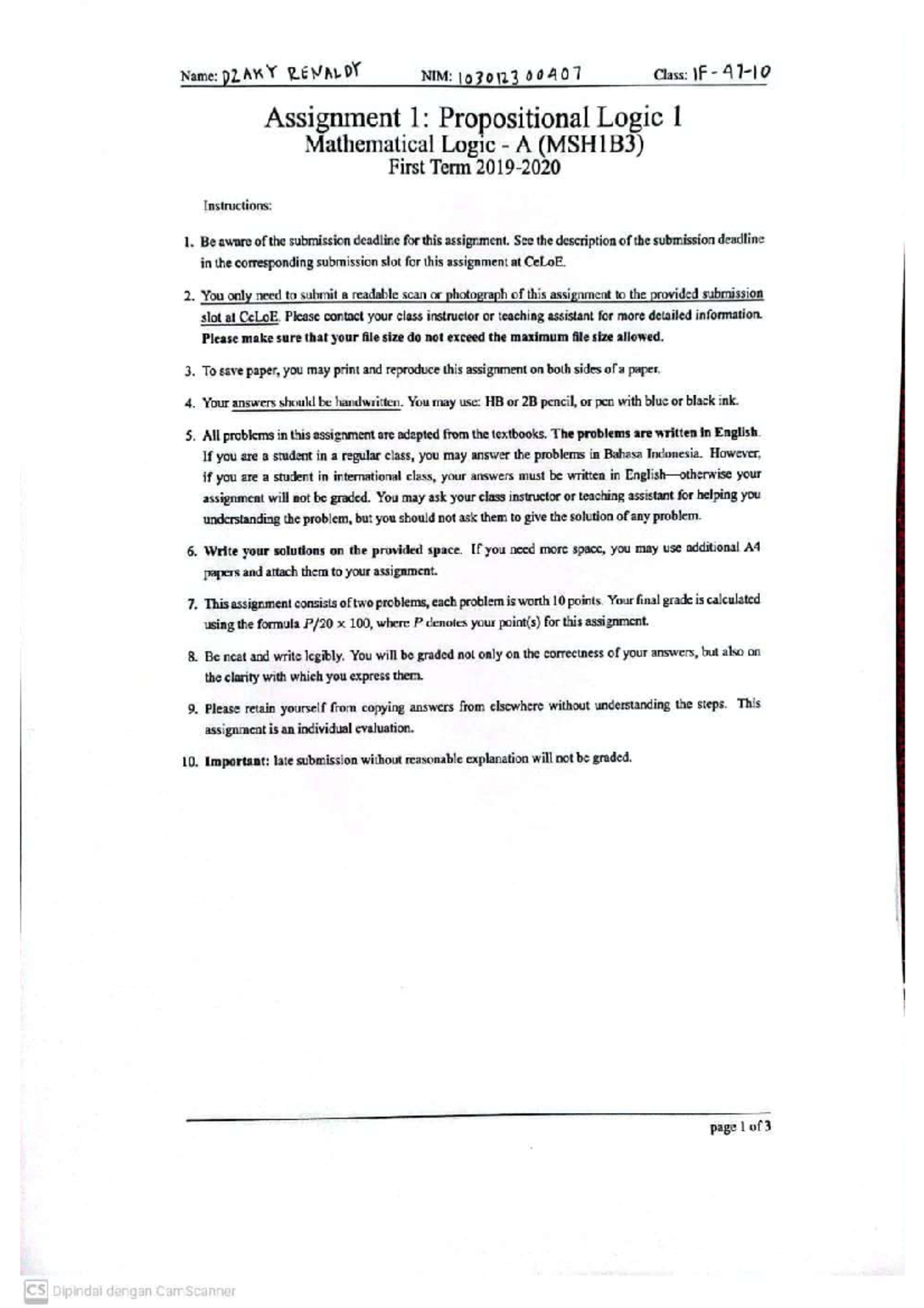 Latihan Proposisi 1 Dzaky Renaldy - Logic Mathematics A - Studocu