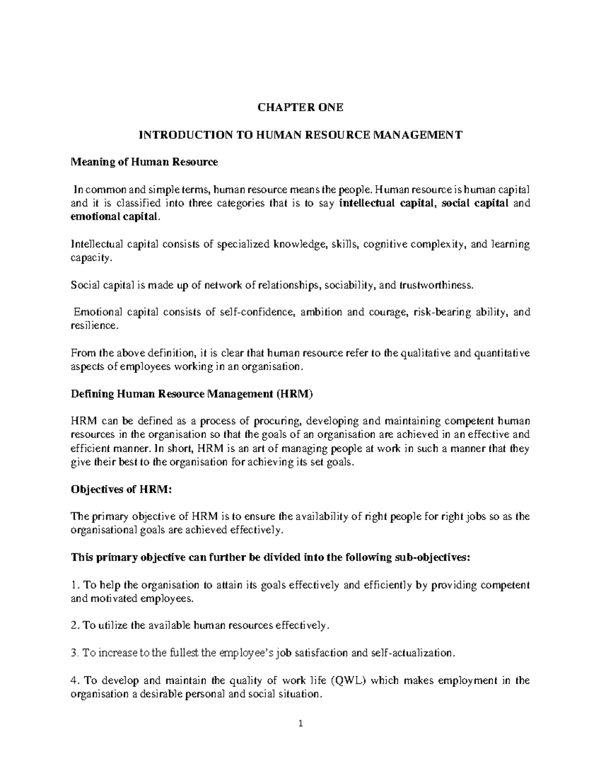 HRM Notes - CHAPTER ONE INTRODUCTION TO HUMAN RESOURCE MANAGEMENT ...