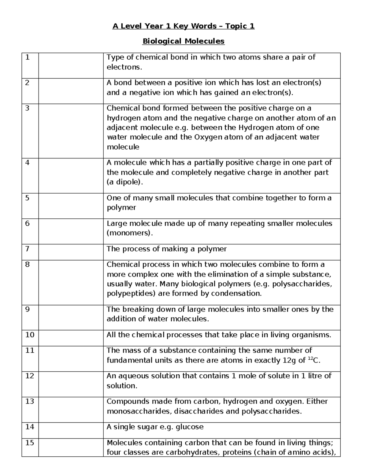 A Level Year 1 Topic 1 Key Words for pupils to fill in - Biological ...