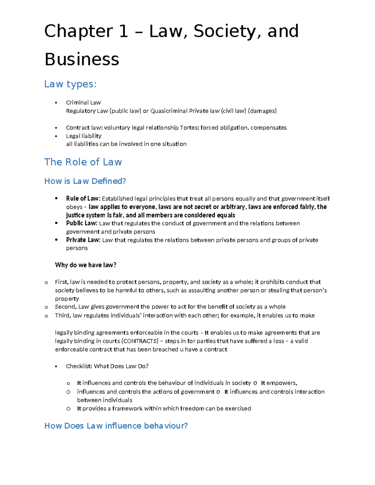 Chapter 1 - textbook notes - Chapter 1 – Law, Society, and Business Law ...