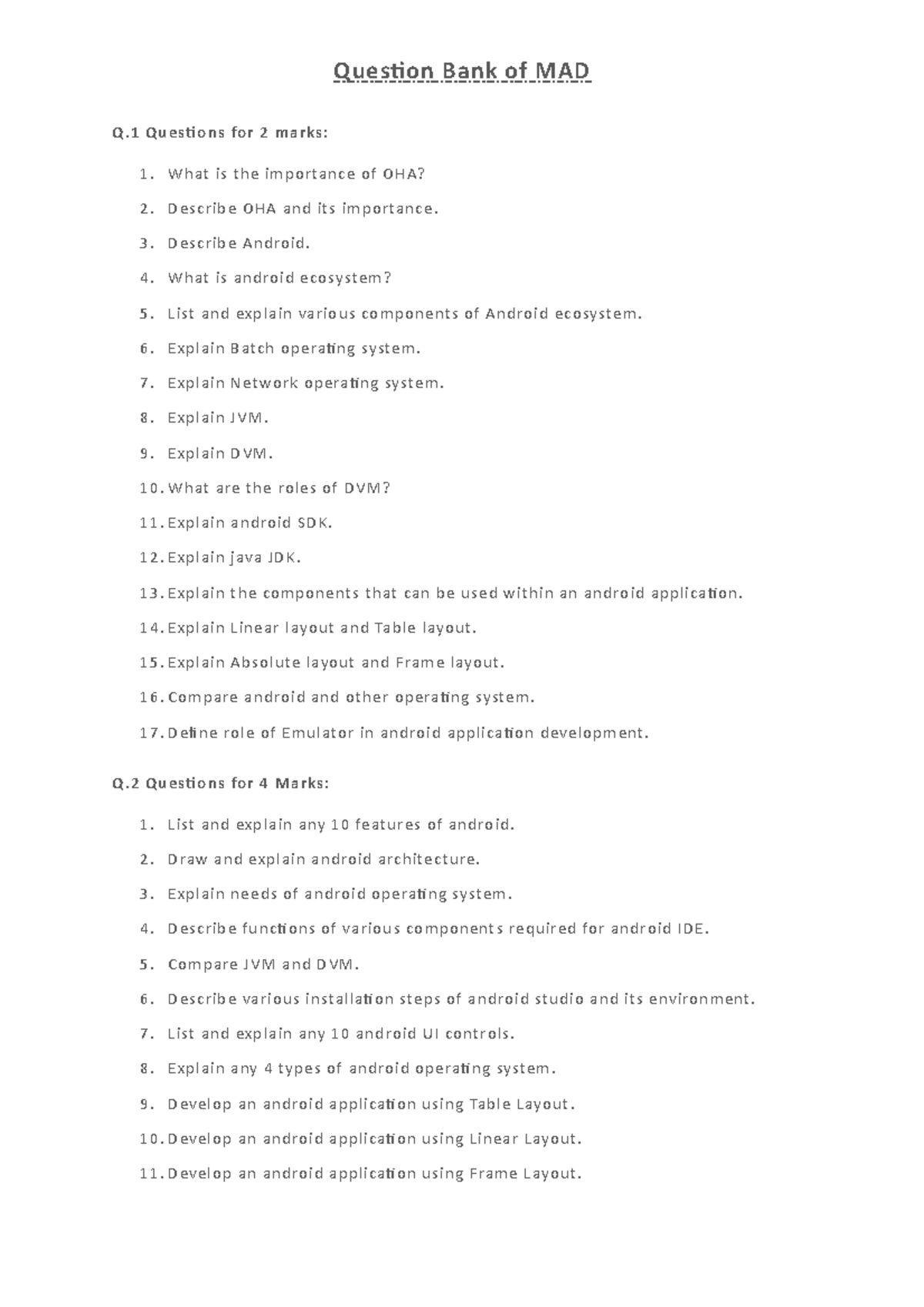 Question Bank of MAD - QB of Mobile Application Development. - Question Bank of MAD Q Questions ...