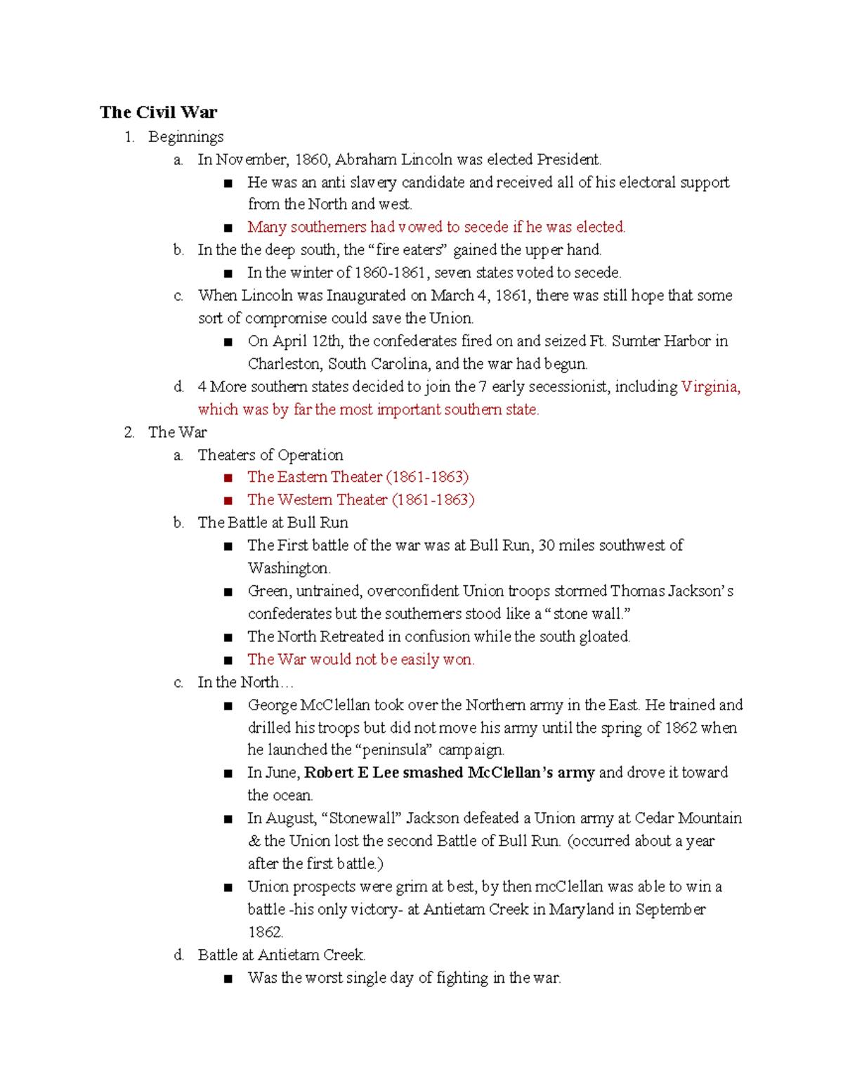 Am His unit 2 Notes - The Civil War Beginnings a. In November, 1860 ...