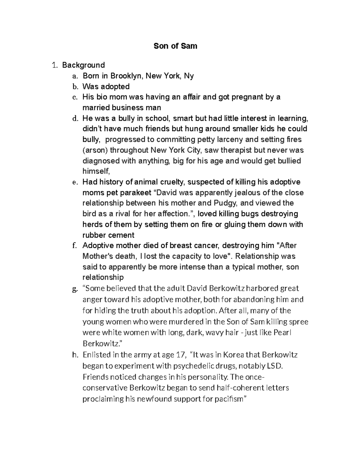 PSY311 Son of Sam Notes and Sources - Son of Sam Background a. Born in ...