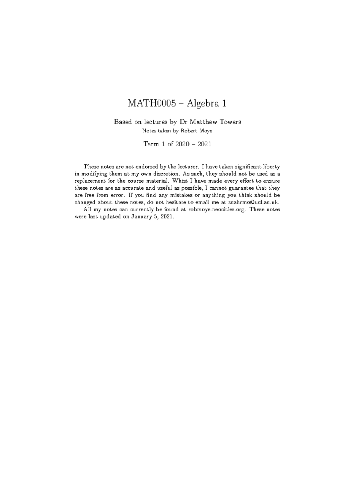 Math0005 Algebra 1 Notes 2020 2021 Math0005 Algebra 1 Based On