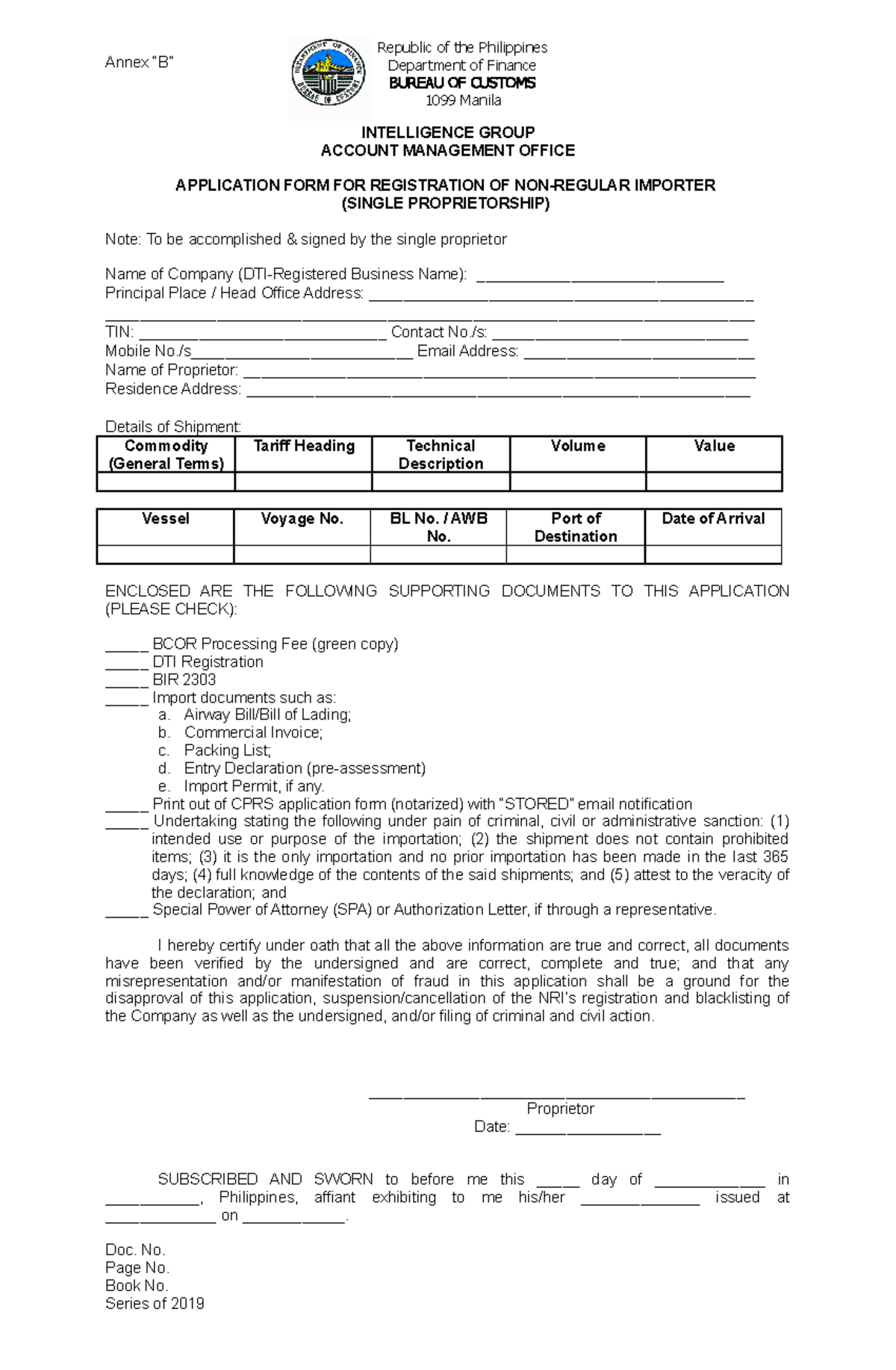 Annex B Application for Non-Regular Importer - Sole - Annex “B ...