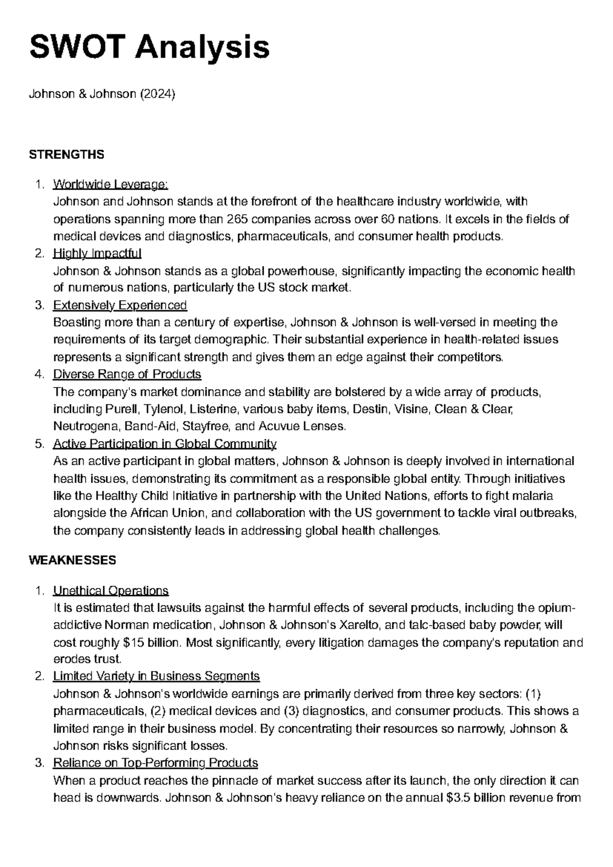 SWOT Analysis - SWOT Analysis Johnson & Johnson (2024) STRENGTHS ...