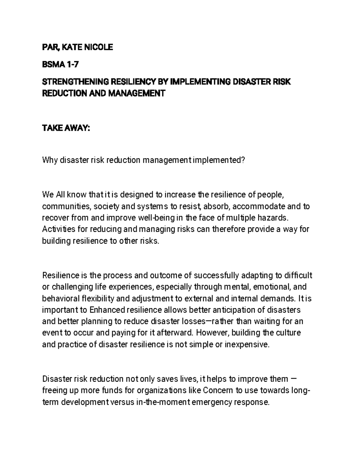 Dister RISK Reduction PAR, KATE Nicole BSMA 1-7 - PAR, KATE NICOLE BSMA ...