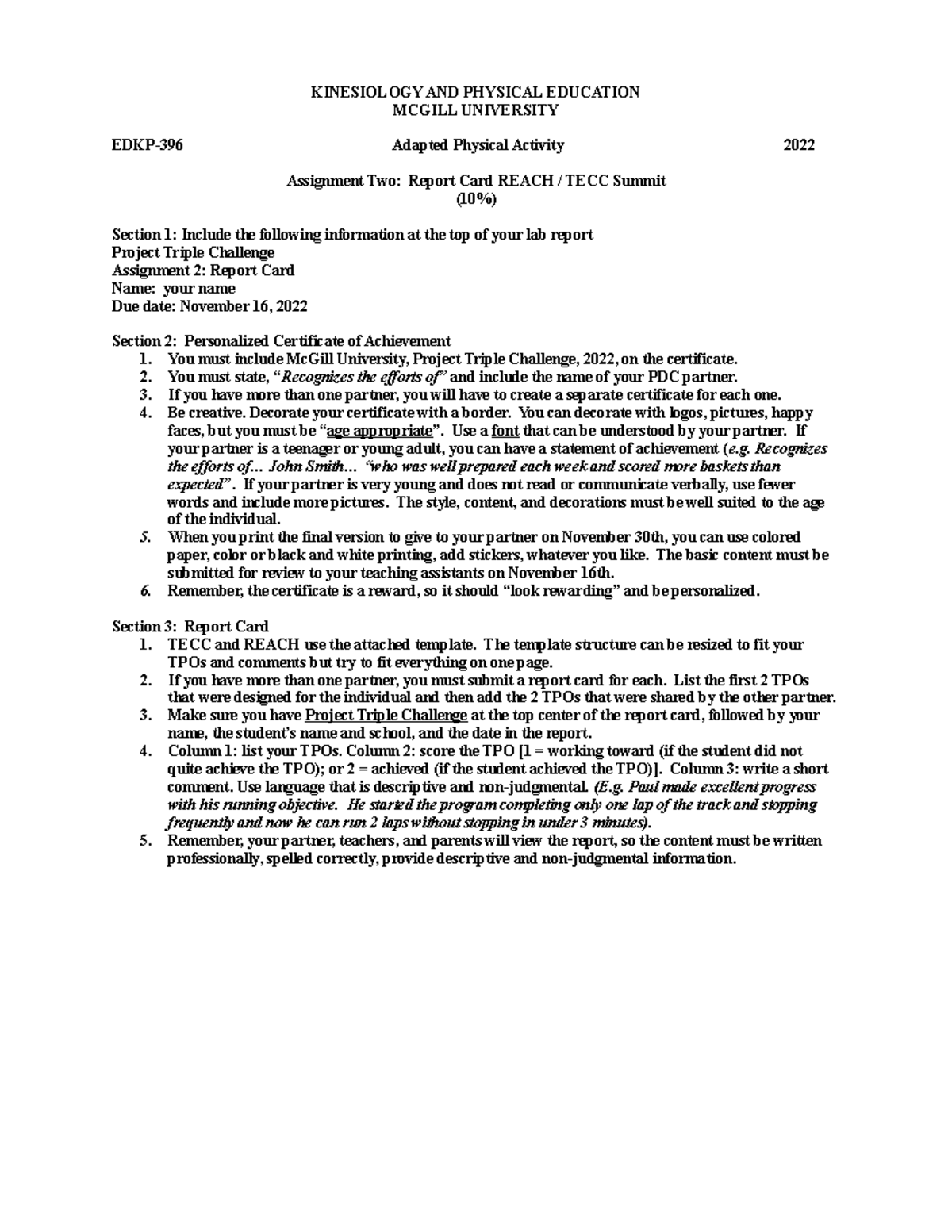 2022 -EDKP 396 Assignment 2 Reach TECC Report - KINESIOLOGY AND PHYSICAL EDUCATION MCGILL ...