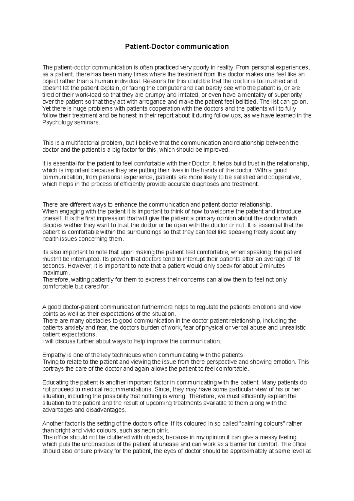 Dokument - Lecture notes - Patient-Doctor communication The patient ...