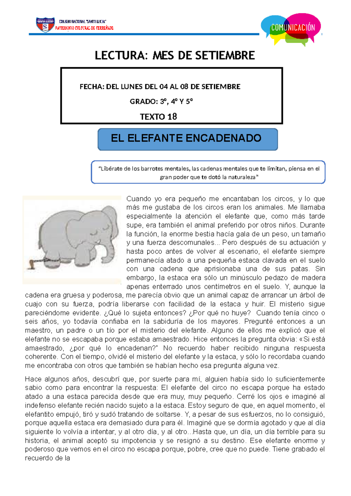 Lectura EL Elefante Encadenado - Grado 3° 4° 5° Fecha DEL 04 AL 08 ...