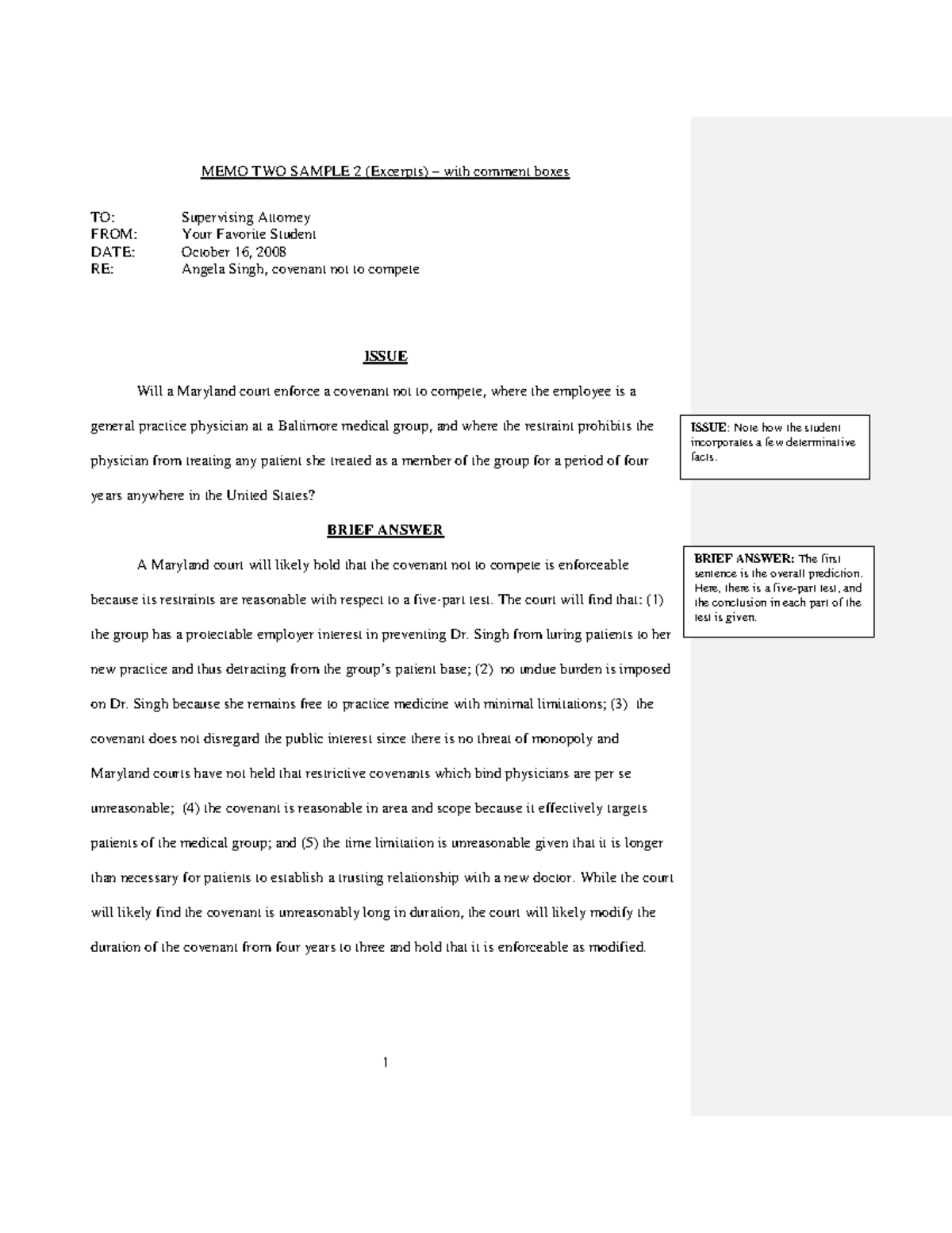 Sample Memo Covenant Not to Compete - MEMO TWO SAMPLE 2 (Excerpts ...