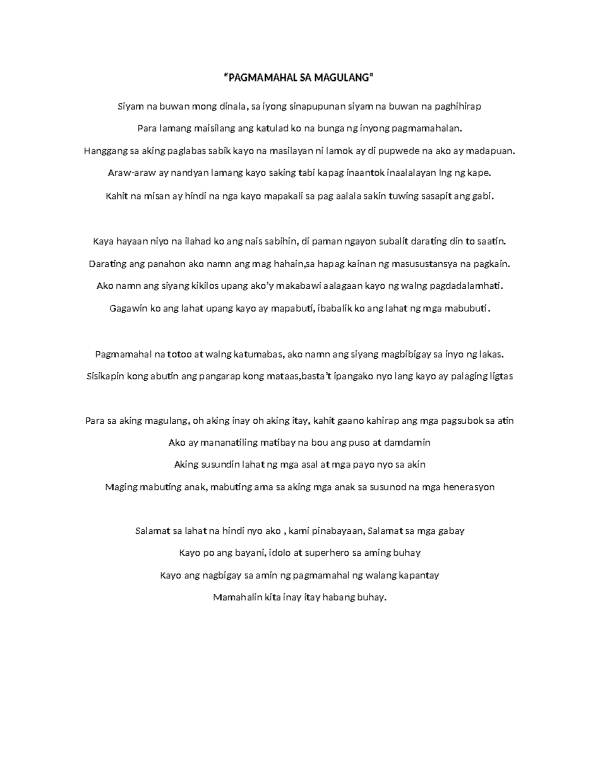 Pagmamahal SA Magulang” spoke poetry - “PAGMAMAHAL SA MAGULANG” Siyam ...