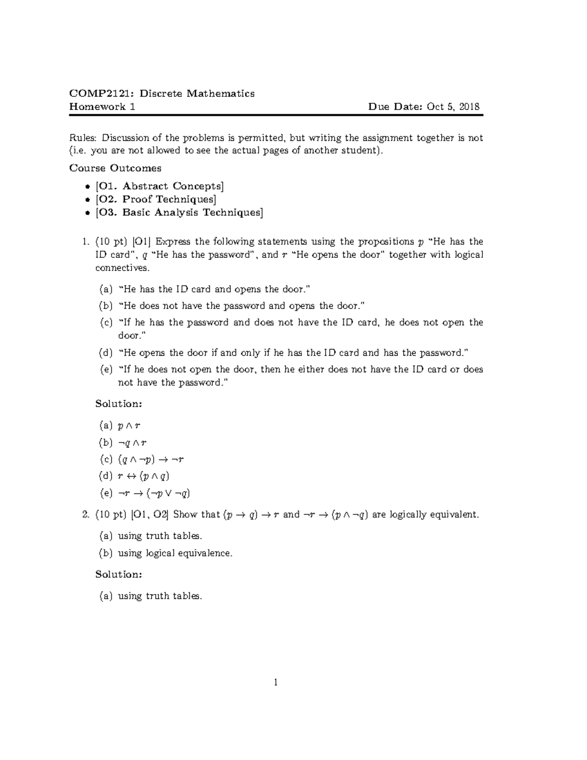 Assignment 1 Solutions - COMP2121: Discrete Mathematics Homework 1 Due Date:Oct 5, 2018 Rules ...